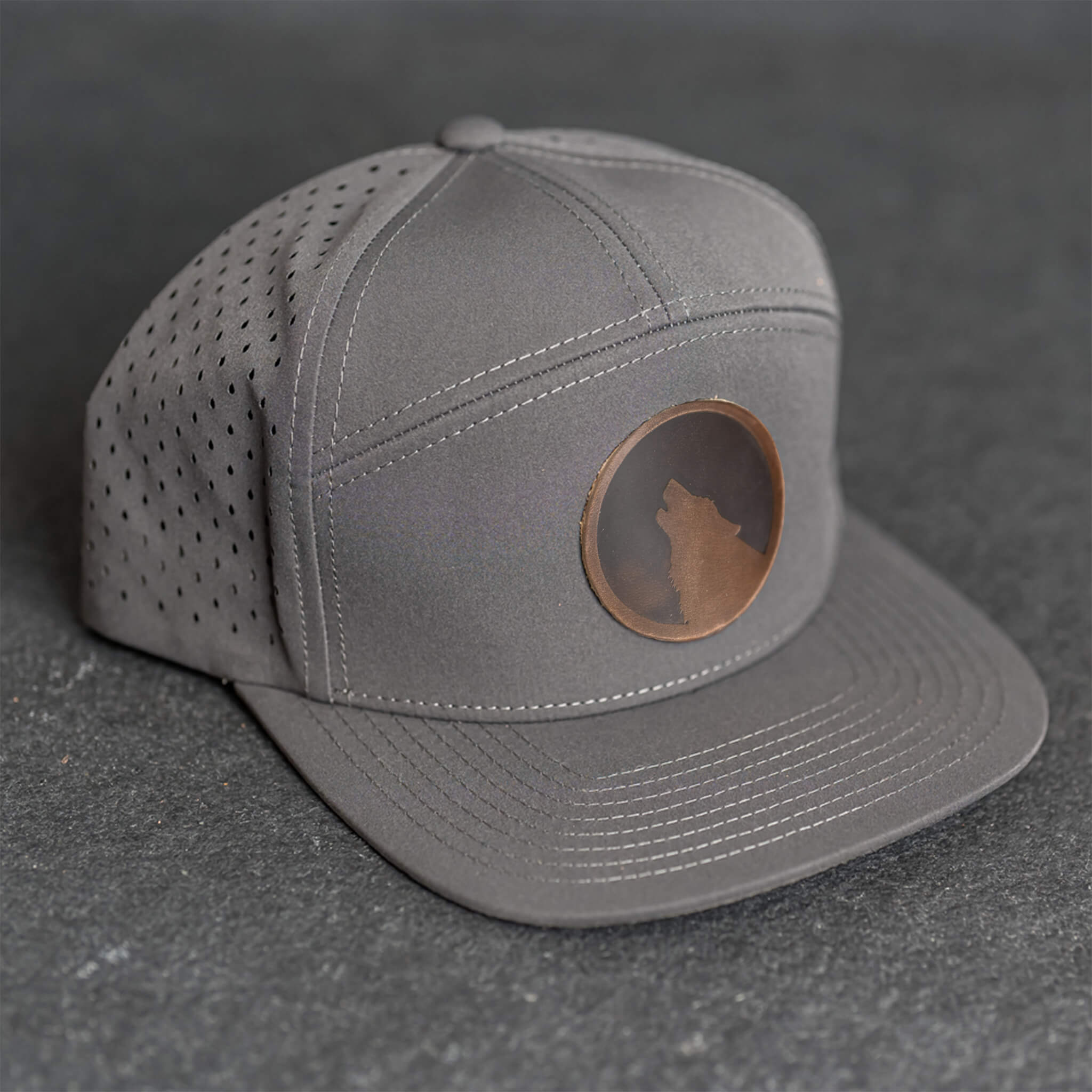 Leather Patch Flat Bill 7 Panel Perforated Performance Hat - Wolf Stam ...