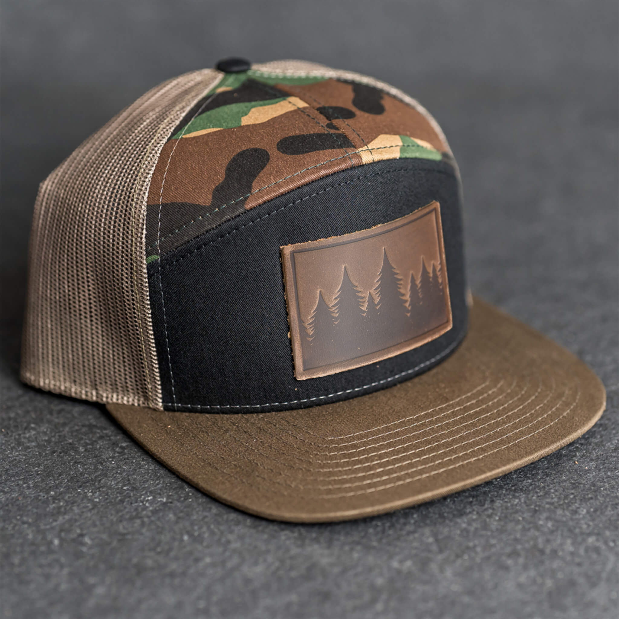 Leather Patch Flat Bill 7 Panel Trucker Hat - Pine Trees Stamp – Ox & Pine