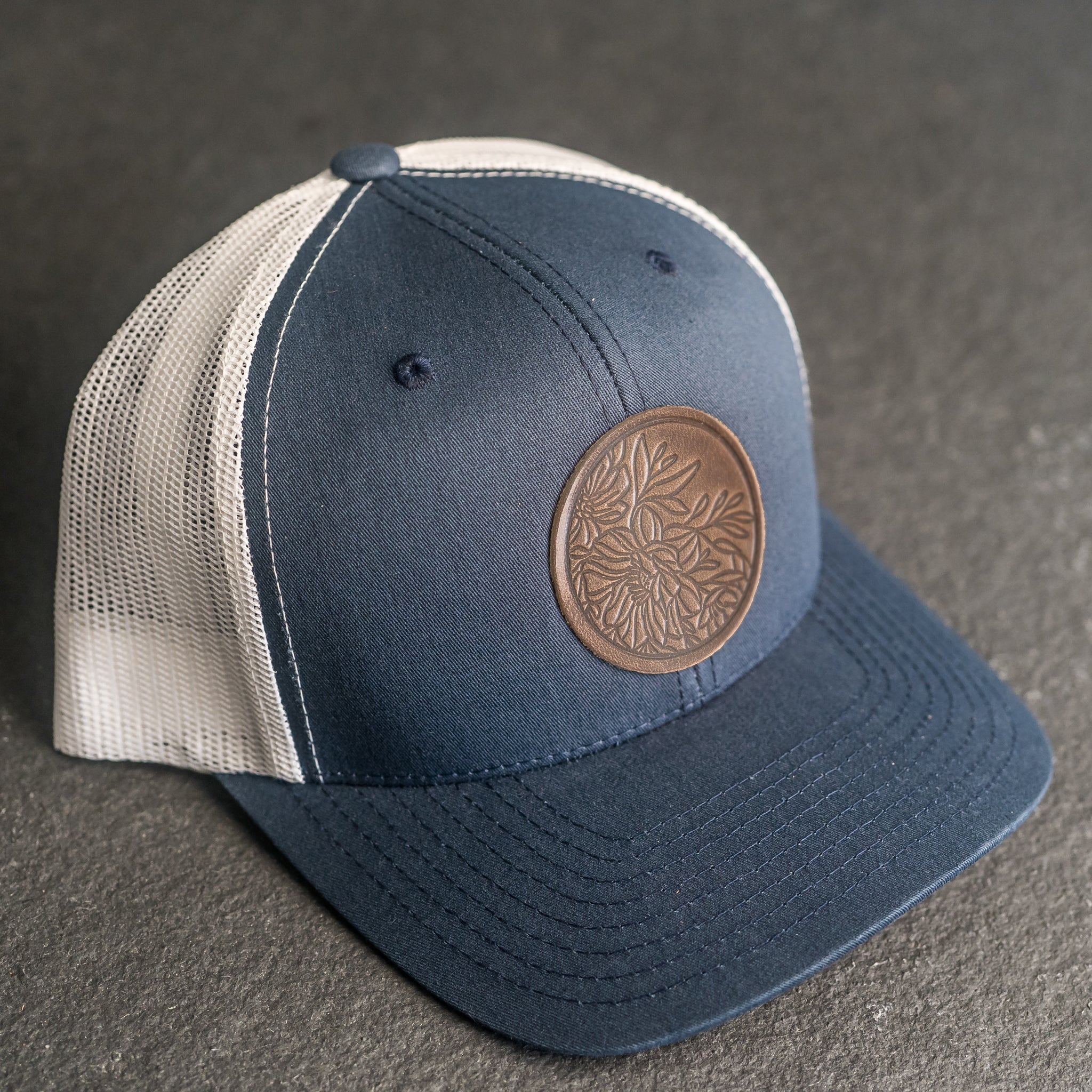 Leather Patch Trucker Style Hat - Circle Patch - Floral Stamp – Ox & Pine